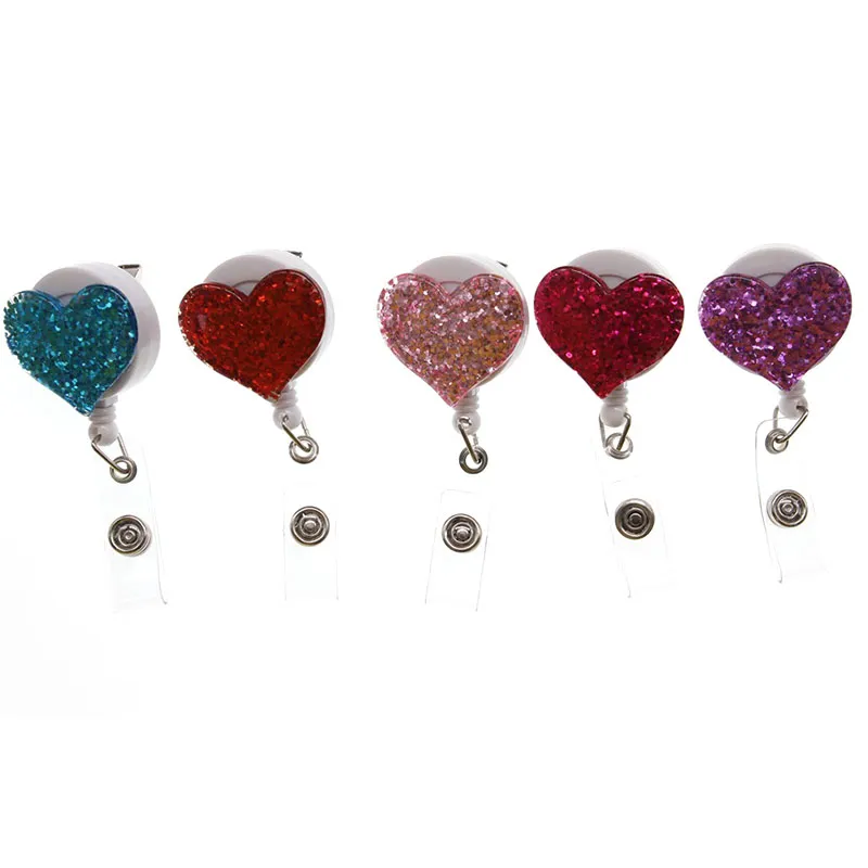 Key Ring Holders: Sparkling Heart ID Badge Reel Clip With Rhinestone ...