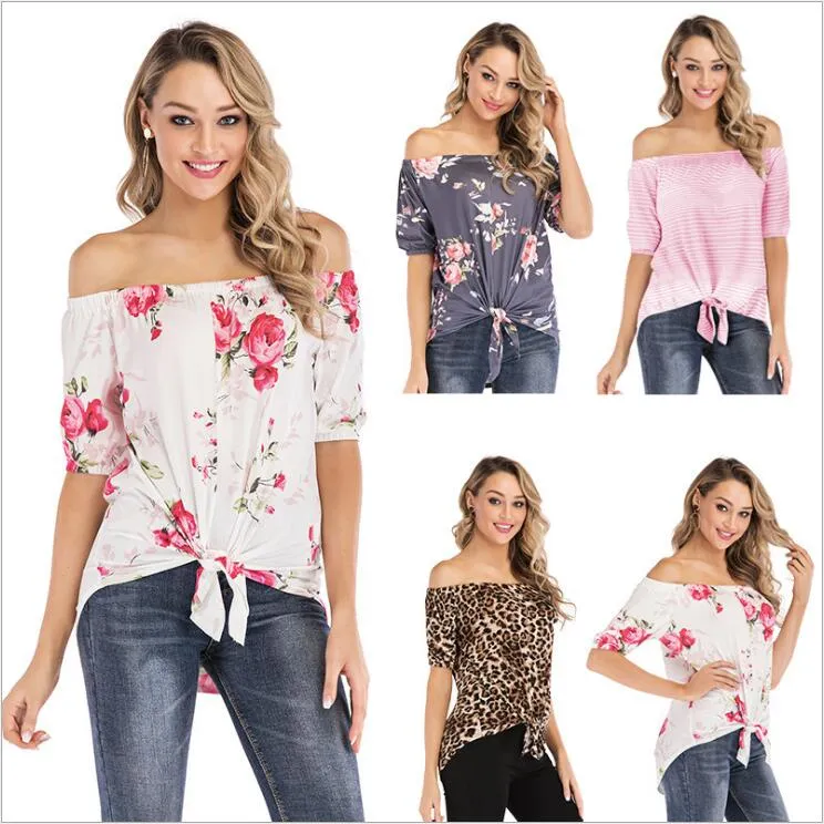 T Shirt Women Summer Off Shoulder Tops Knot Floral Blouse Printed ...