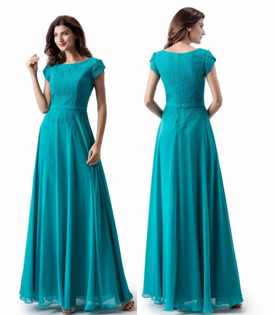Simple Turquoise A Line Lace Chiffon Prom Dress With Cap Sleeves Modest ...