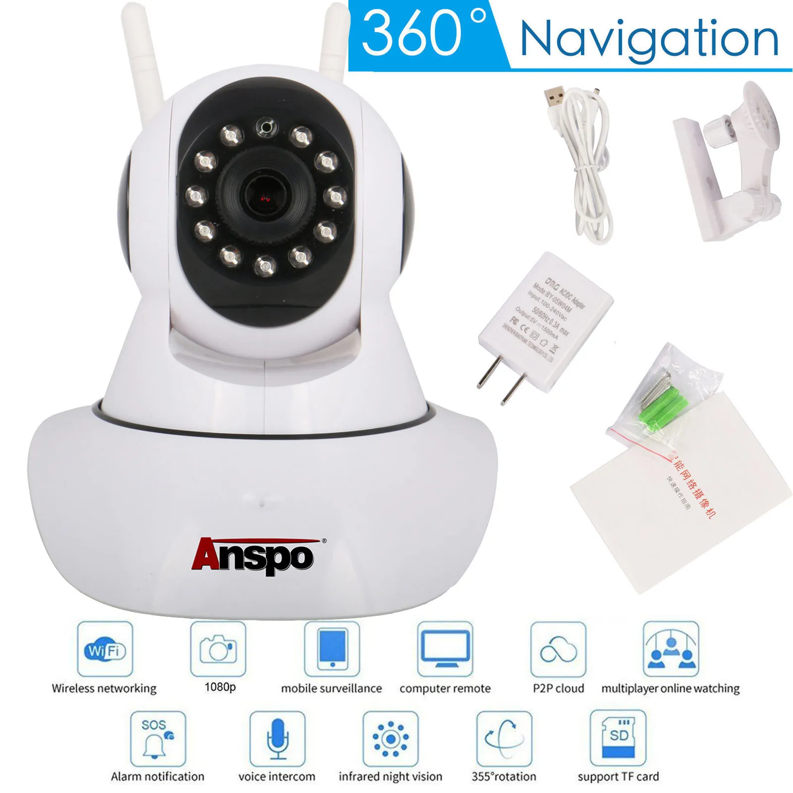 Anspo Wireless 1080P Pan Tilt Indoor Ptz Camera With IR Night Vision ...