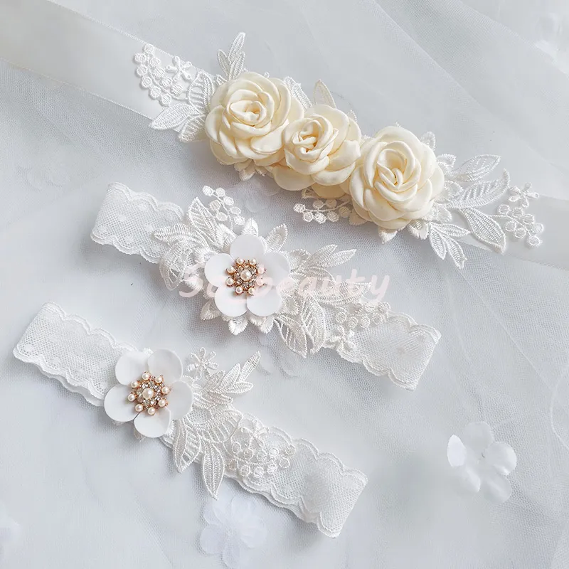 Bridal Sash Belt Lace Garter Set Ivory Floral Waistband Flower ...