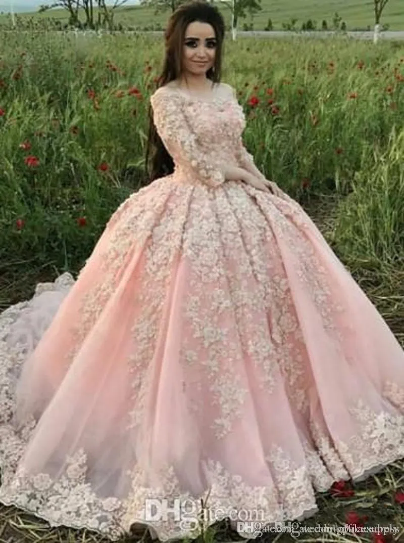 Gorgeous Pink Lace Ball Gown Quinceanera Prom Dresses Off Shoulder