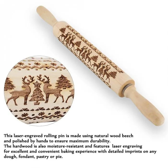 8 Designs Embossing Christmas Rolling Pin, Eco-Friendly Wooden Engraved ...