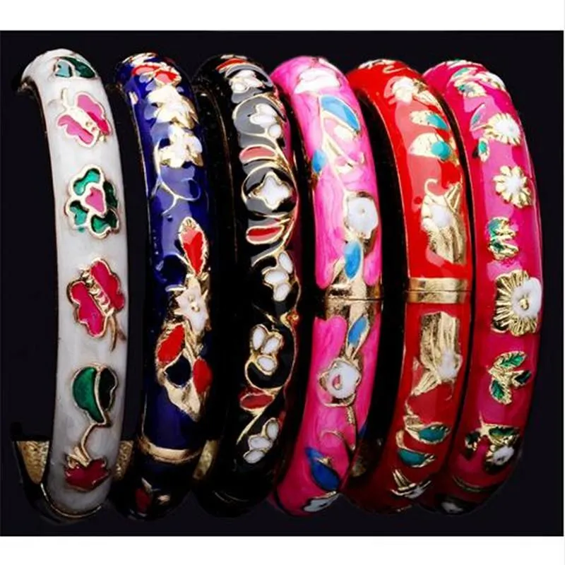 Chinese Cloisonne Enamel Floral Bangles Bracelets Set Of 2, Charming And Elegant Cuff Alloy ...