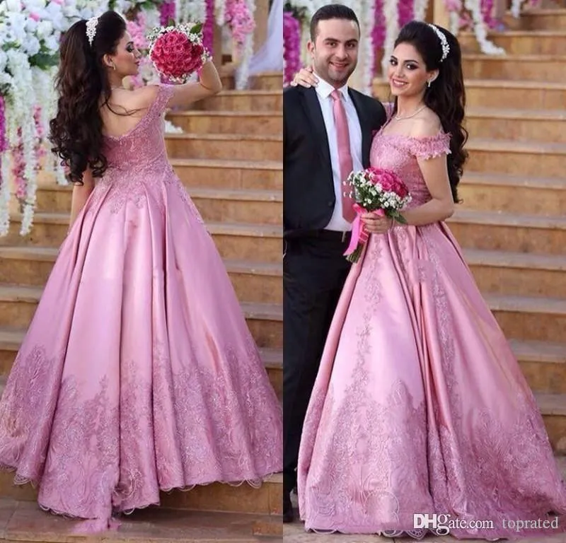 Pink Lace Princess Ball Gown With Off Shoulder Pleats And Sweep Train ...