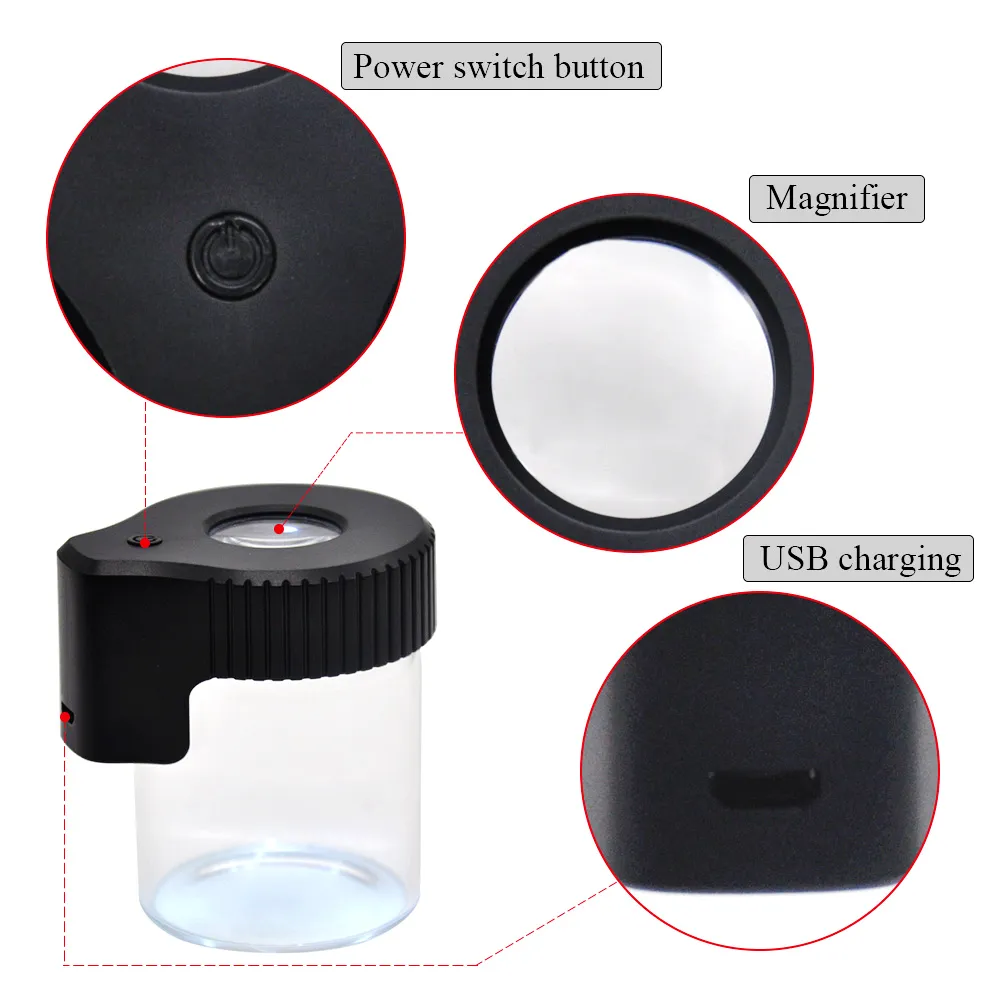 New Glass Light Up LED Air Tight Proof Storage Magnifying Stash Jar ...
