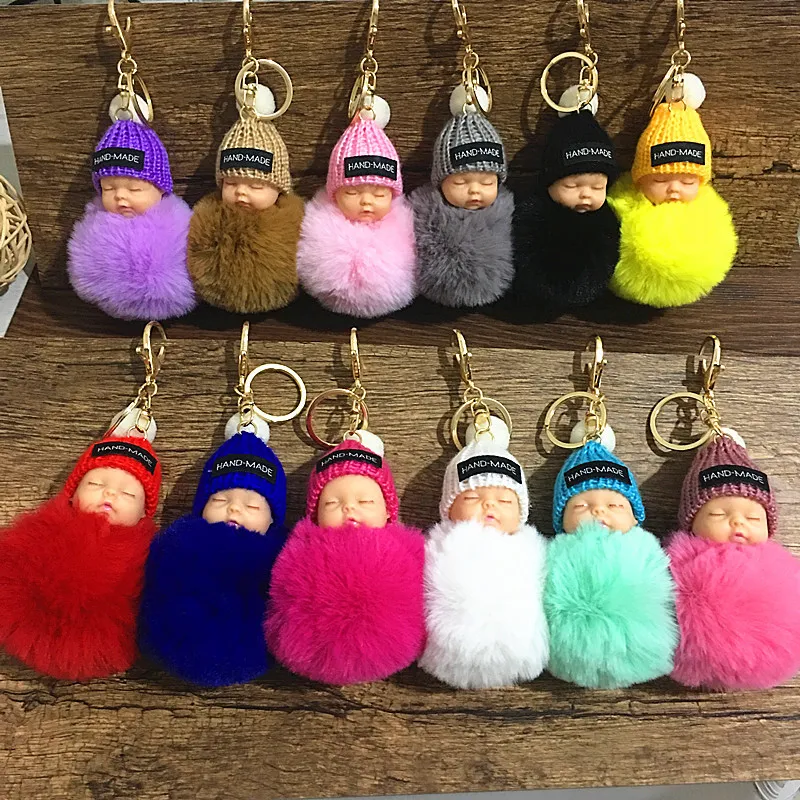 Cute Sleeping Baby Doll Pompom Keychain With Pompom Rabbit Fur Ball ...