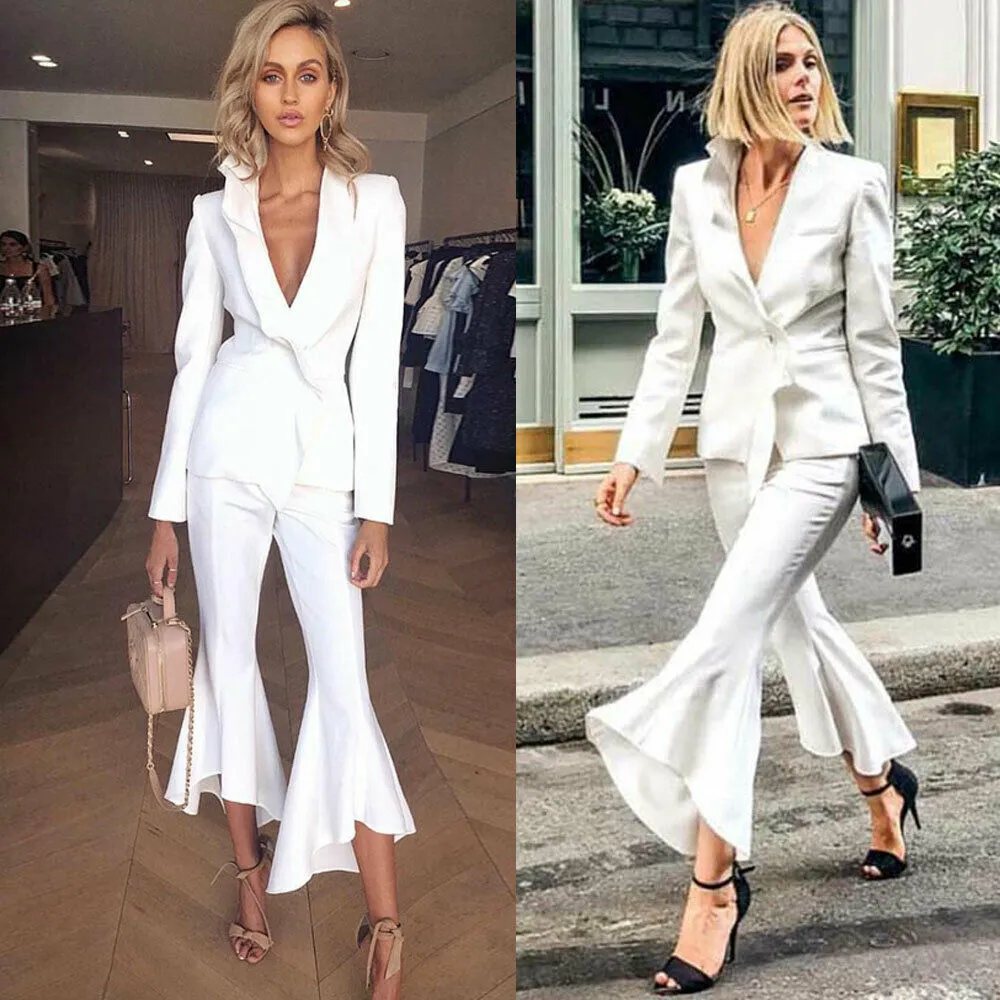 Women's Formal Pants Suits For Weddings Ruffle Deep V Sexy Bell Bottoms ...