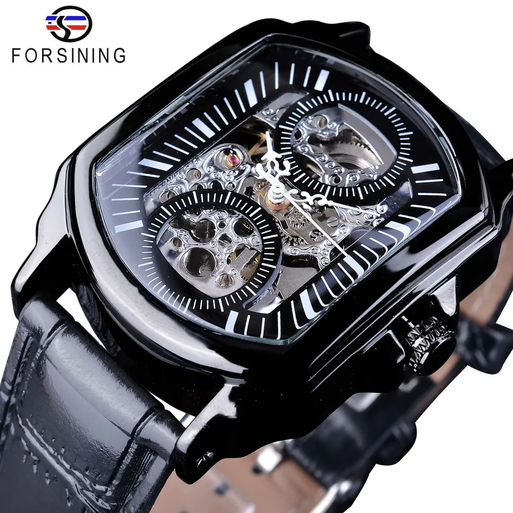 Forsining Automatic Watch Black Openwork Dial, White Hands, Unique Two ...