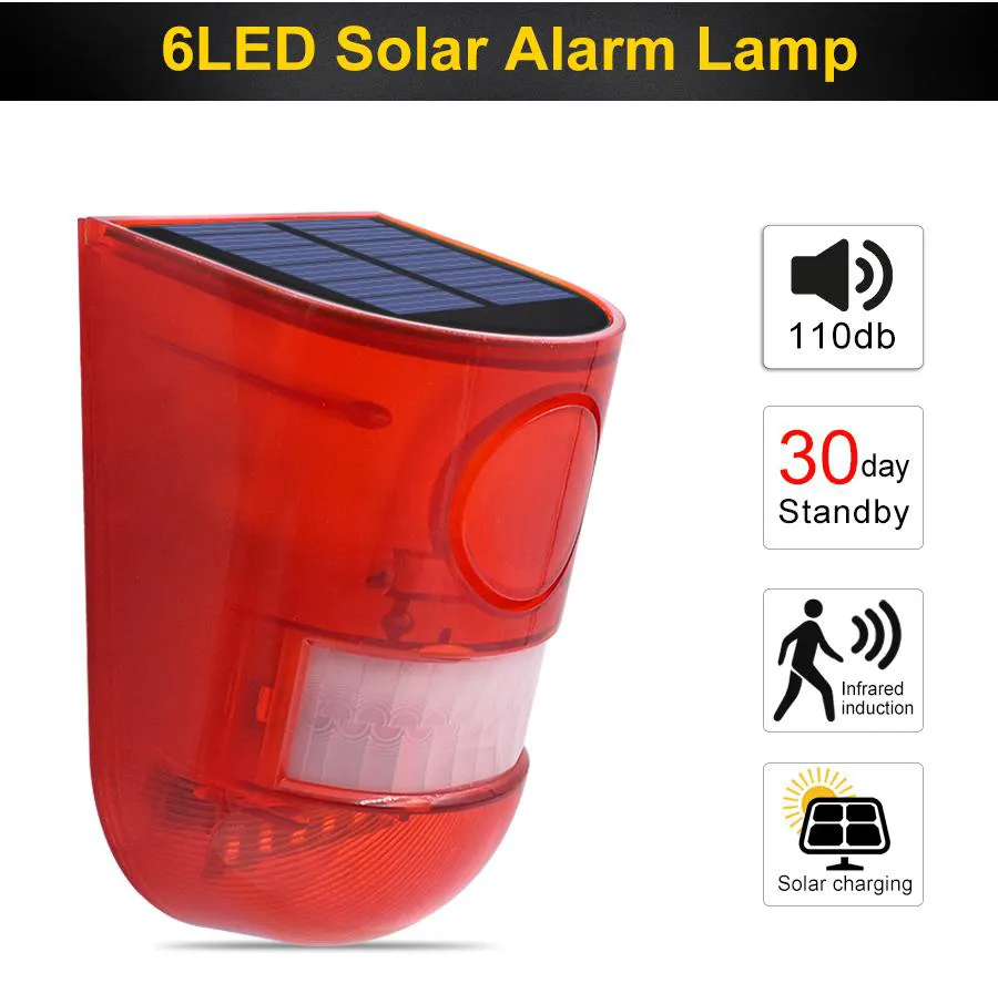 Newest Solar Alarm Light 110db 6 LED Solar Lamp Waterproof Warning ...