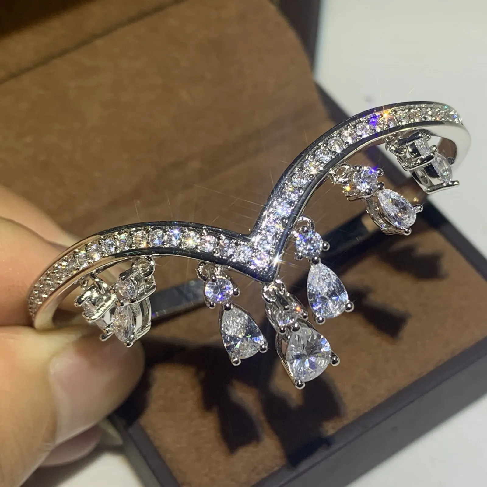 Water Drop CZ Open Adjustable Bangle For Women Sterling Silver, Elegant ...