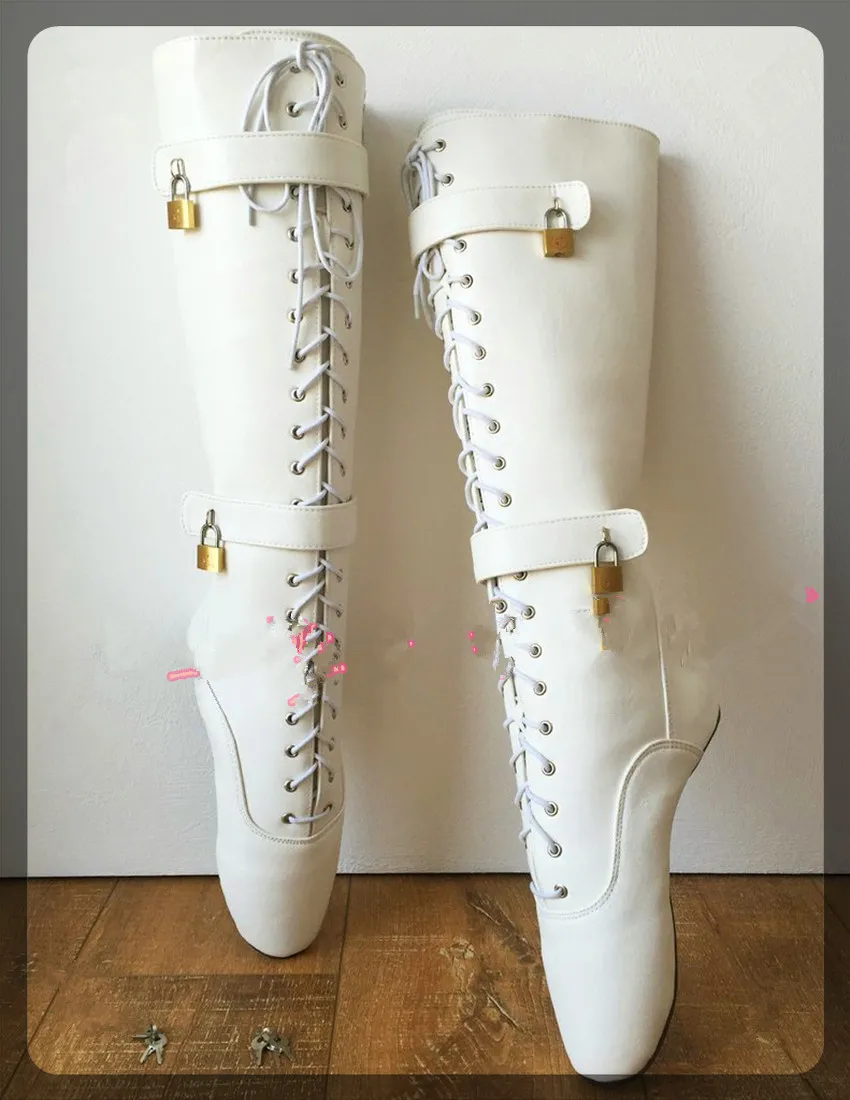 Sexy White Lockable Ballet Ballet Boots With Wedge Hoof Sole And