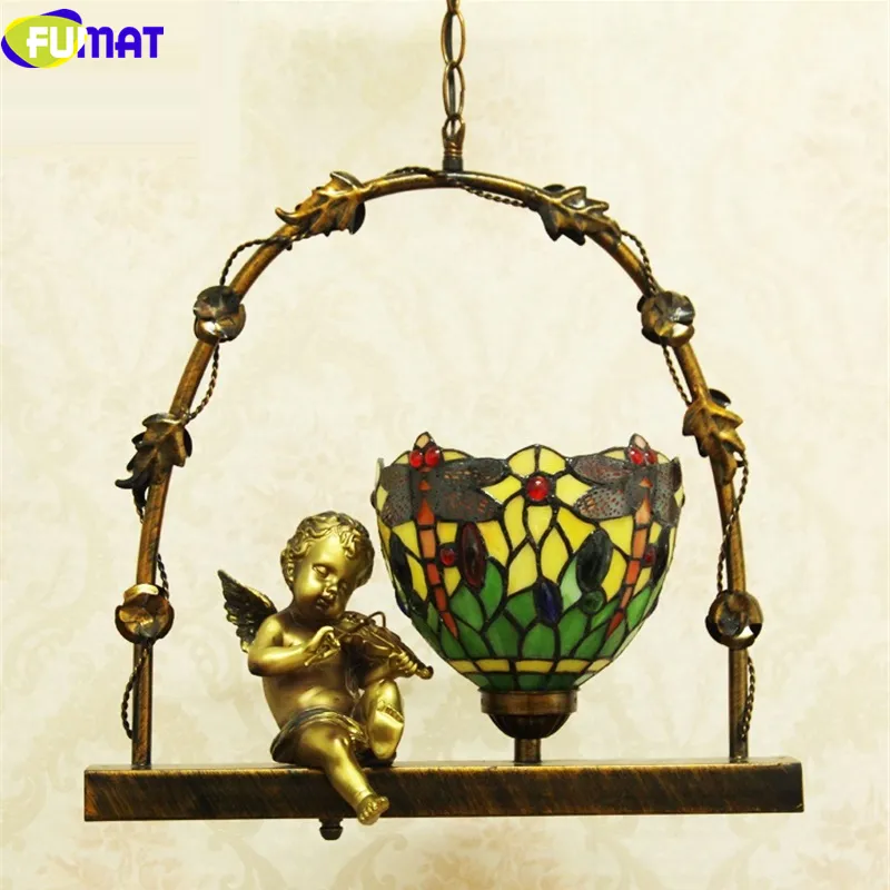 ₩544725에서 Fumat 스테인드 글라스 티파니 펜던트 램프 천사 팀보 스윙 잠자리 쥬얼리 장미 모양 램프 유럽 Led