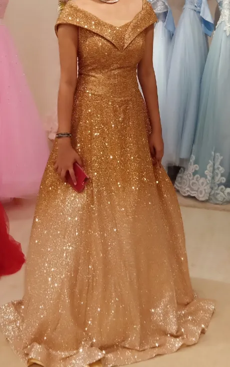 2020 Reflective Off Shoulder Sequins Gold Sparkly Prom Dress With ...