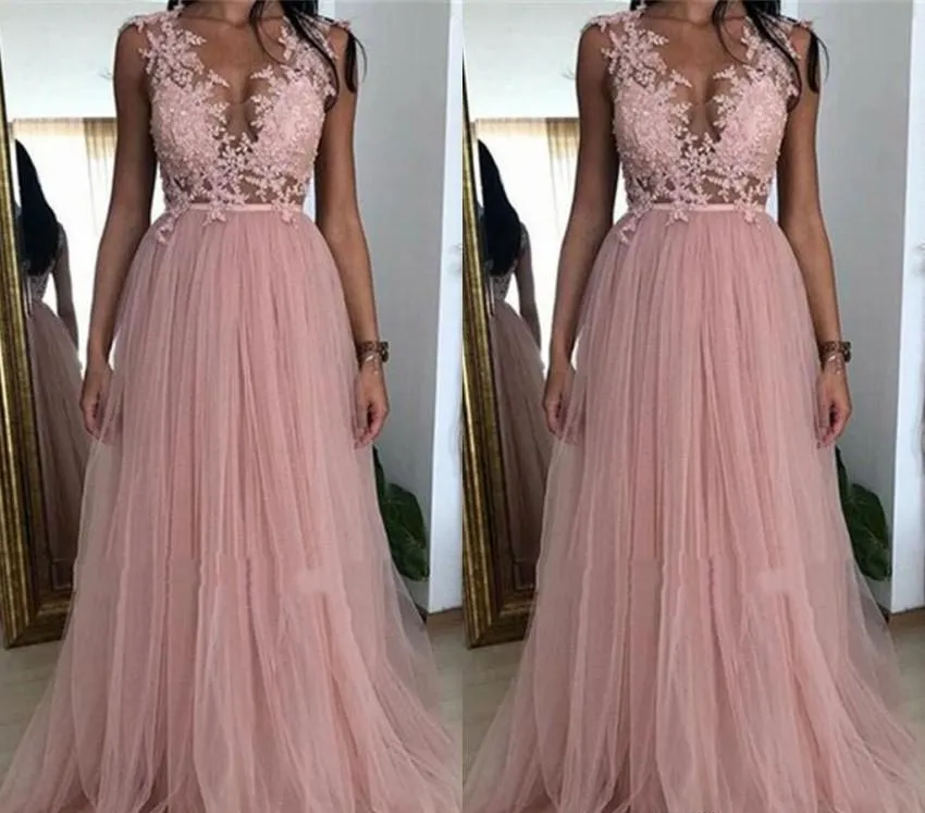 Stunning Dusky Pink A Line Pink Lace Prom Dress With Applique Detailing ...