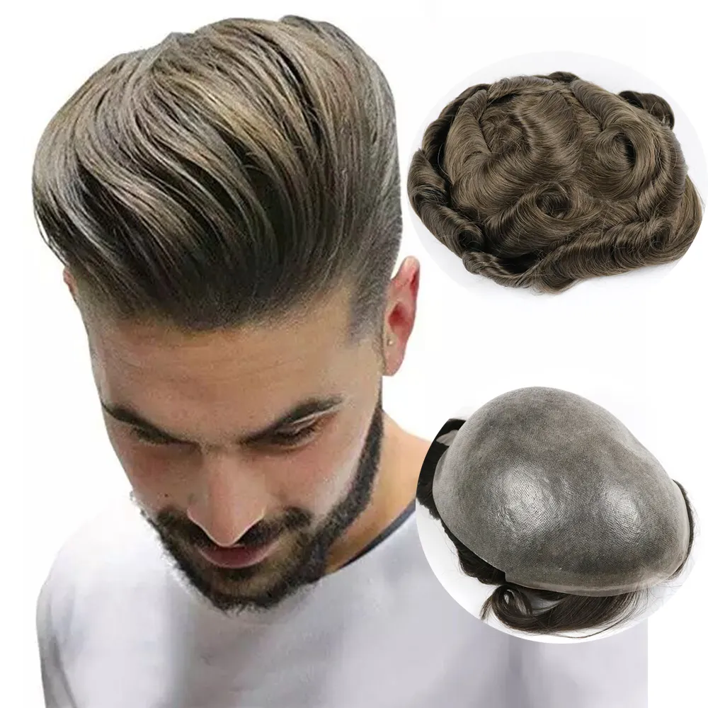 Human Hair Wigs Men: Natural Brown Men's Toupee, Transparent PU Hair ...