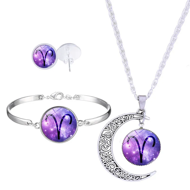 Fashion 12 Zodiac Sign Pendant Moon Necklace Stud Earrings Bracelets Set For Women Glass ...