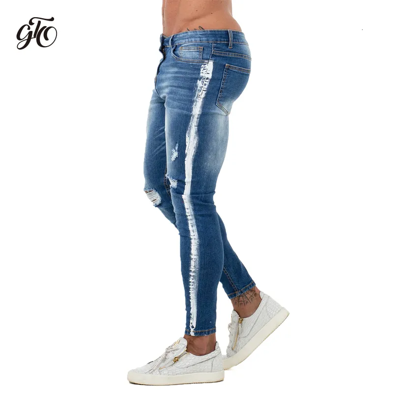 Men s Dark Blue Side Stripe Skinny Jeans Elastic Waist Soft Denim Streetwear 2024 Style