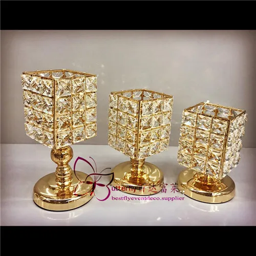 Crystal Square Gold Cylinder Bling Candle Holders Set For Wedding ...