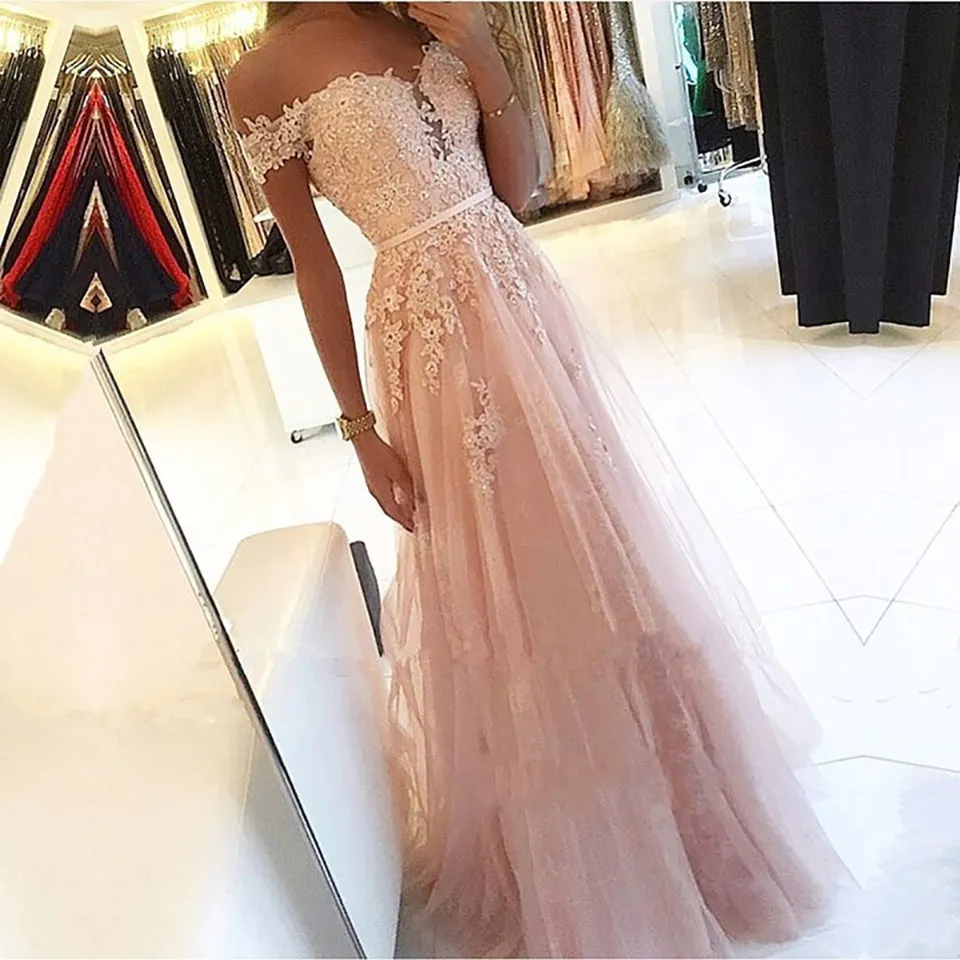 Off-Shoulder Pink Lace Evening Gown Long Mermaid Sweep Train Formal ...