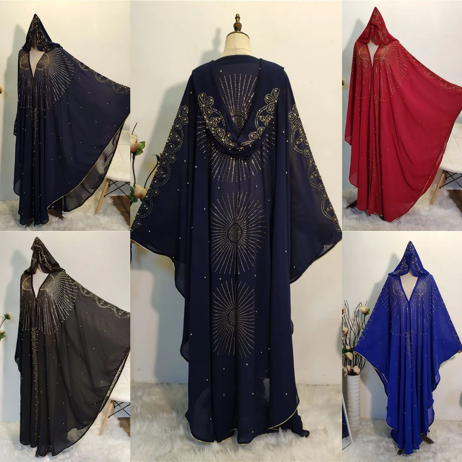 Luxury ArabRamadan Robe With Bat Sleeves And Hooded Muslim Abaya Muslim ...
