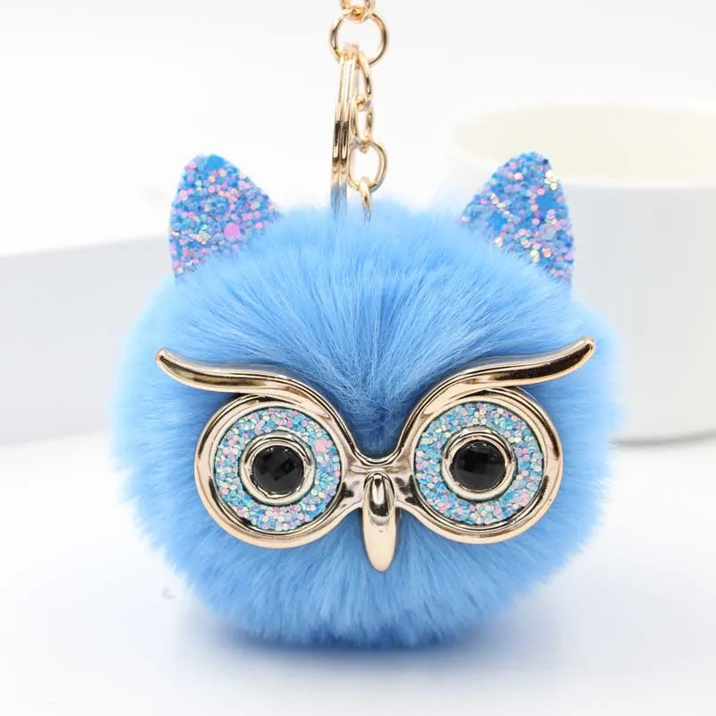 Cute Owl Keychain for Girls & Women - Sequin Ears, Fluffy Faux Fur Pom ...