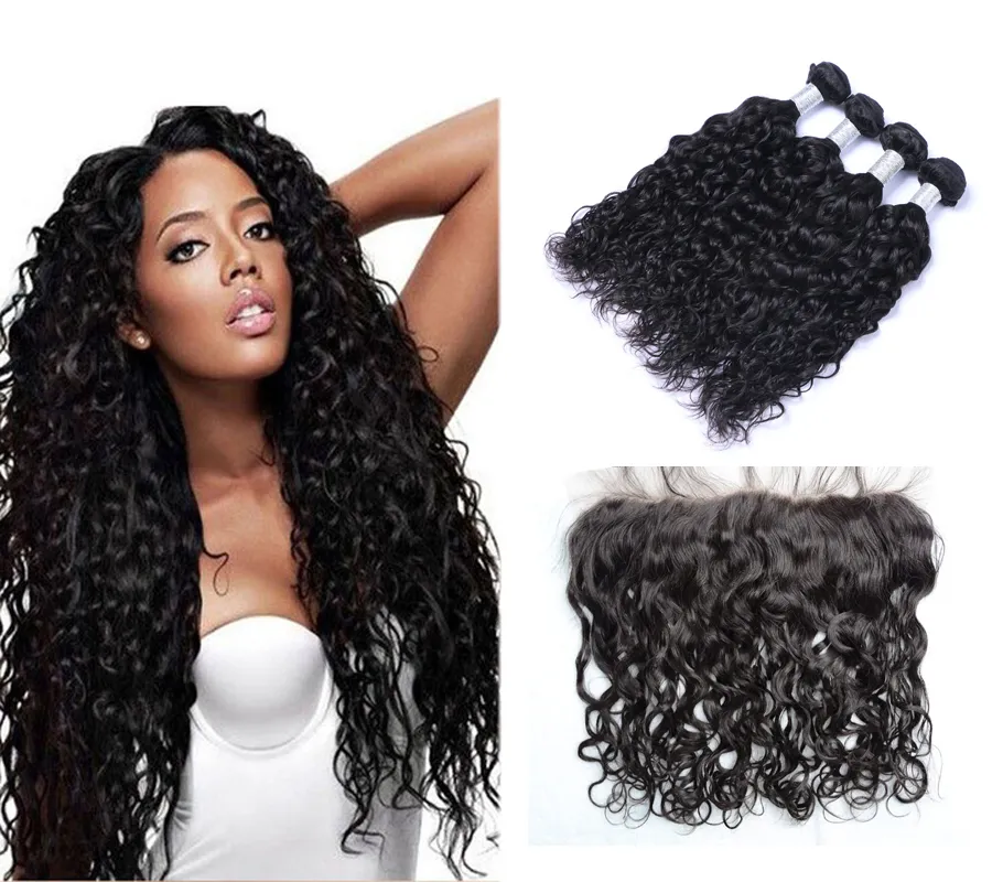 Brazilian Natural Water Wave Human Hair Weaves with 13x4 Lace Frontal ...