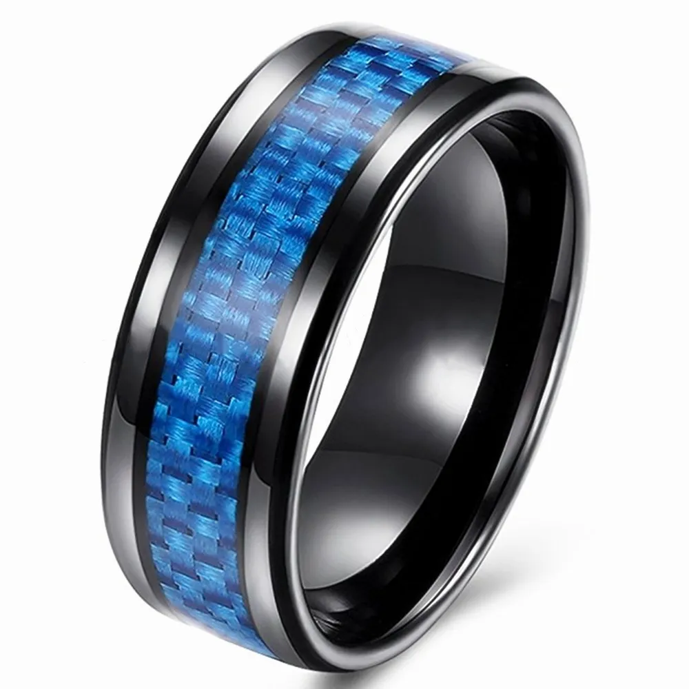 Mens 8mm Black Tungsten Carbide Amazon Ring Blue Carbon Fiber Wedding Band Polished Finish ...