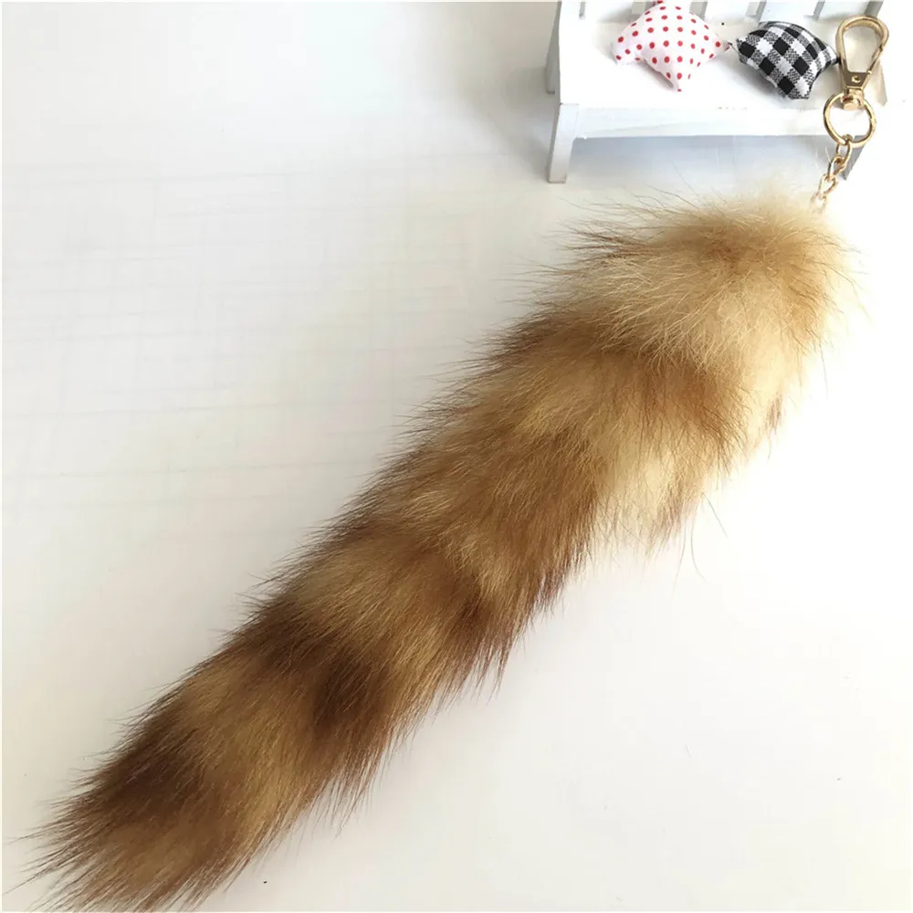 Yellow/Brown Real Raccoon Fur Tail Keychain with Stainless Steel Spike ...