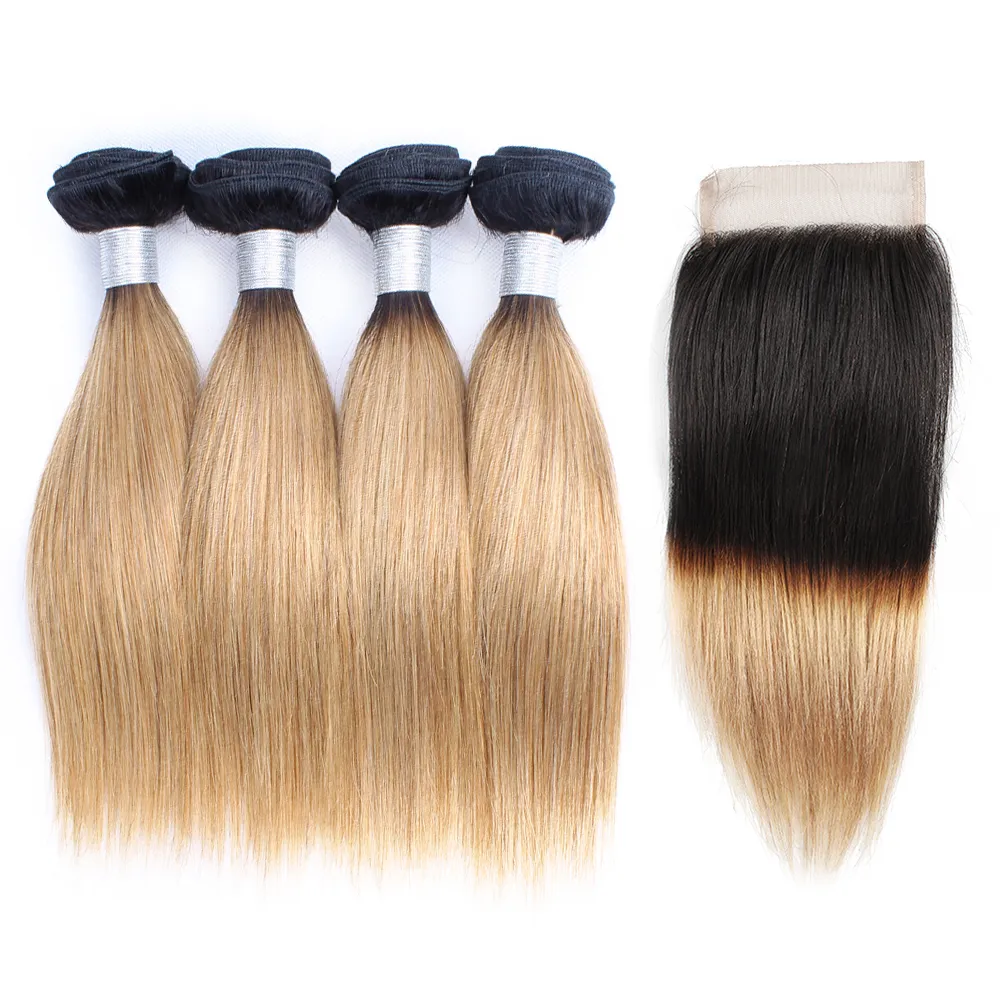 1B27 Ombre Honey Blonde Hair Bundles With Closure Dark Roots 50g/Bundle ...