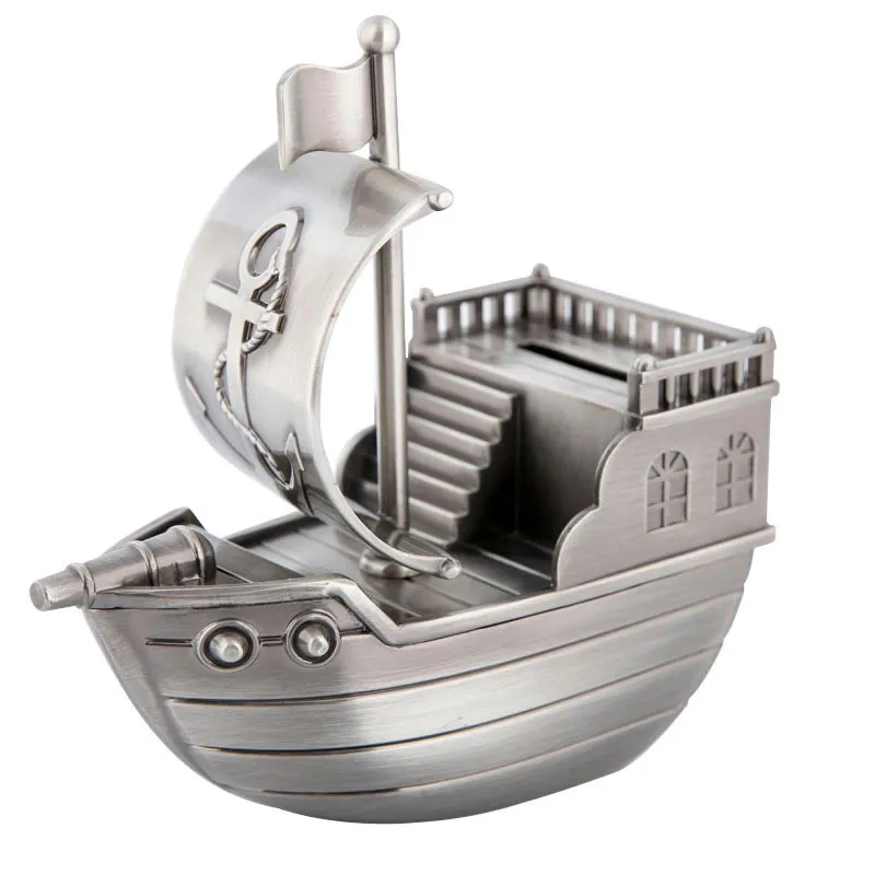Vintage Pewter Finish Pirate Ship Money Box Retro Metal Piggy Bank Coin ...