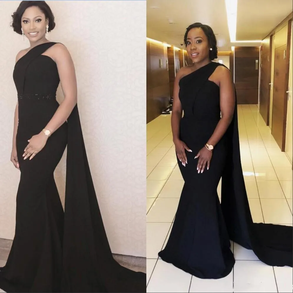 Black One Shoulder Mermaid One Shoulder Evening Gown With Ribbon Sweep ...