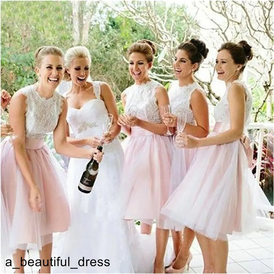 Simple A-Line Light Pink Tulle Knee-Length Sleeveless Bridesmaid Dress ...