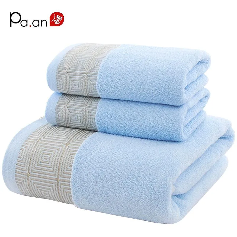 Geometric Embroidered Soft Cotton Blue Towel Set For Bath And Hand From ...