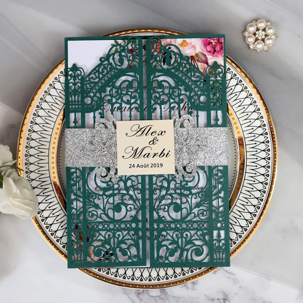 Elegant Gate Fold Invitations: Dark Green Envelopes Included! Perfect ...