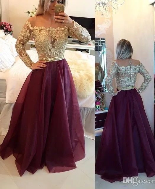 Burgundy Long Sleeve Beaded Lace Prom Dress with Covered Button Back ...