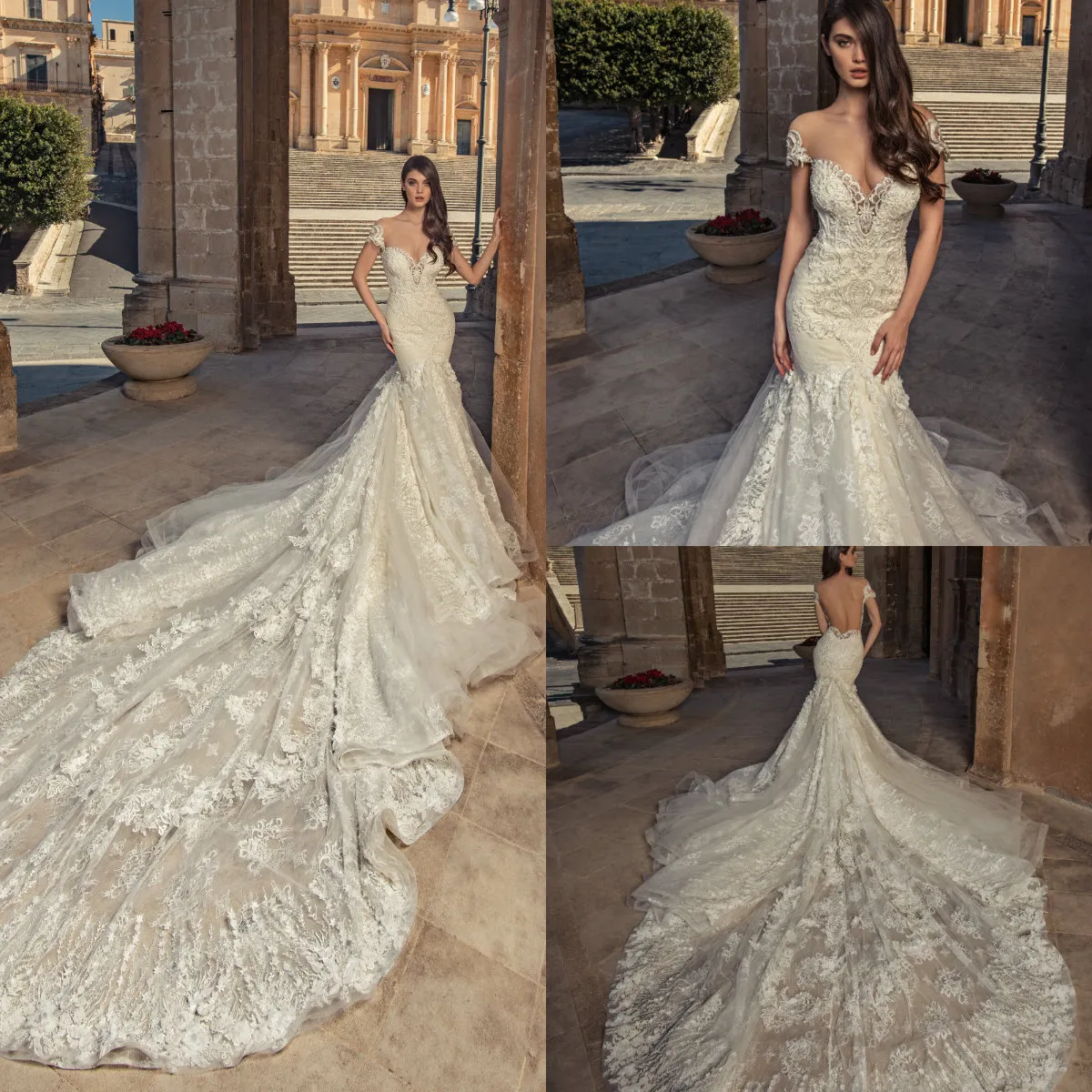 Custom Made 2020 Off Shoulder Sparkly Fishtail Wedding Dress With Lace ...