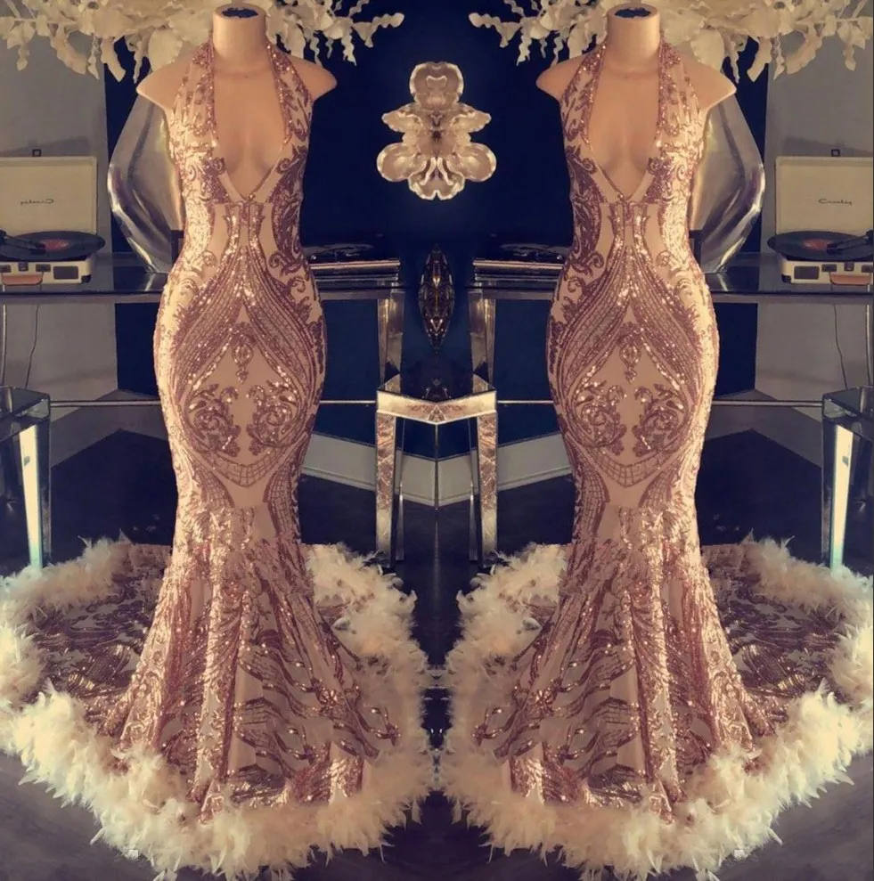 Luxury Halter Feather Mermaid Feather Prom Dress With Sequins Lace Top ...