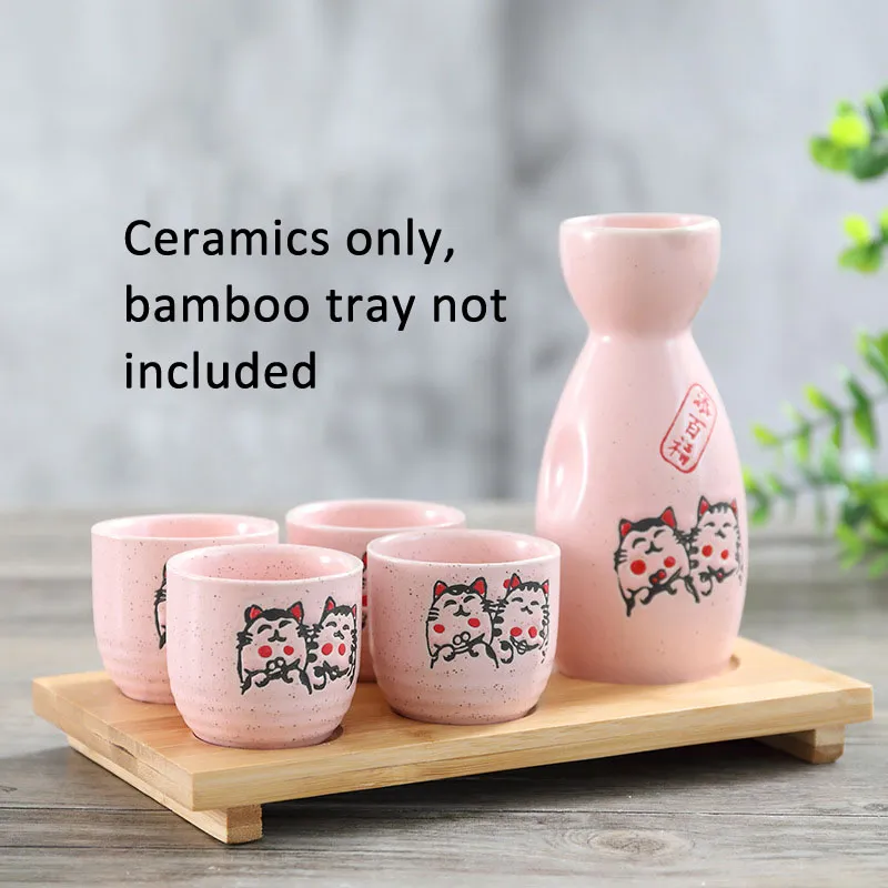 Chinese Calligraphy Japanese Sake Set For Four Maneki Neko Fortune Cat ...