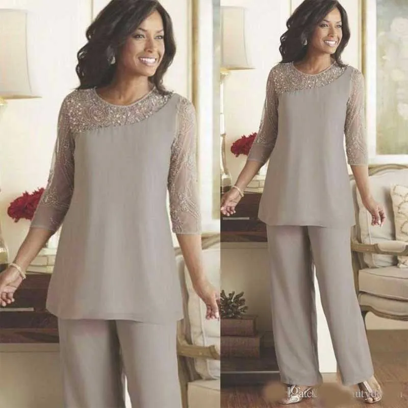Silver Mother Of The Bride Groom Pants Suits Cheap Plus Size Beaded 3 4