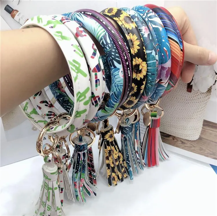 24 Styles Colorful PU Leather O Key Chain Custom Circle Tassel Wristlet ...