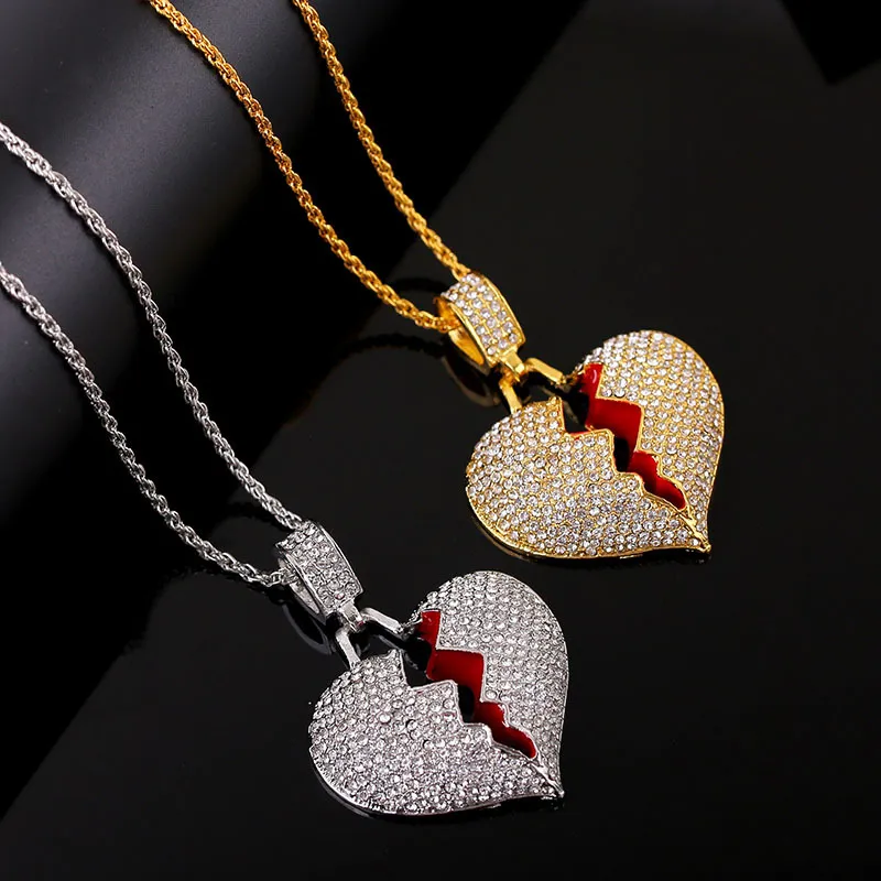 Iced Out Chains Broken Heart Pendant Necklaces: Crystal Rhinestone Love ...