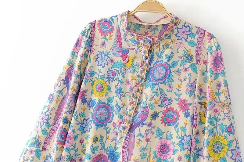Teelynn Red Boho Blouse With Birds And Floral Print Vinatge O Neck