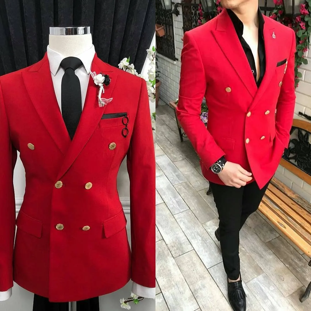 Red Groom Wedding Tuxedos Double Breasted Peaked Lapel Mens Suits Best ...