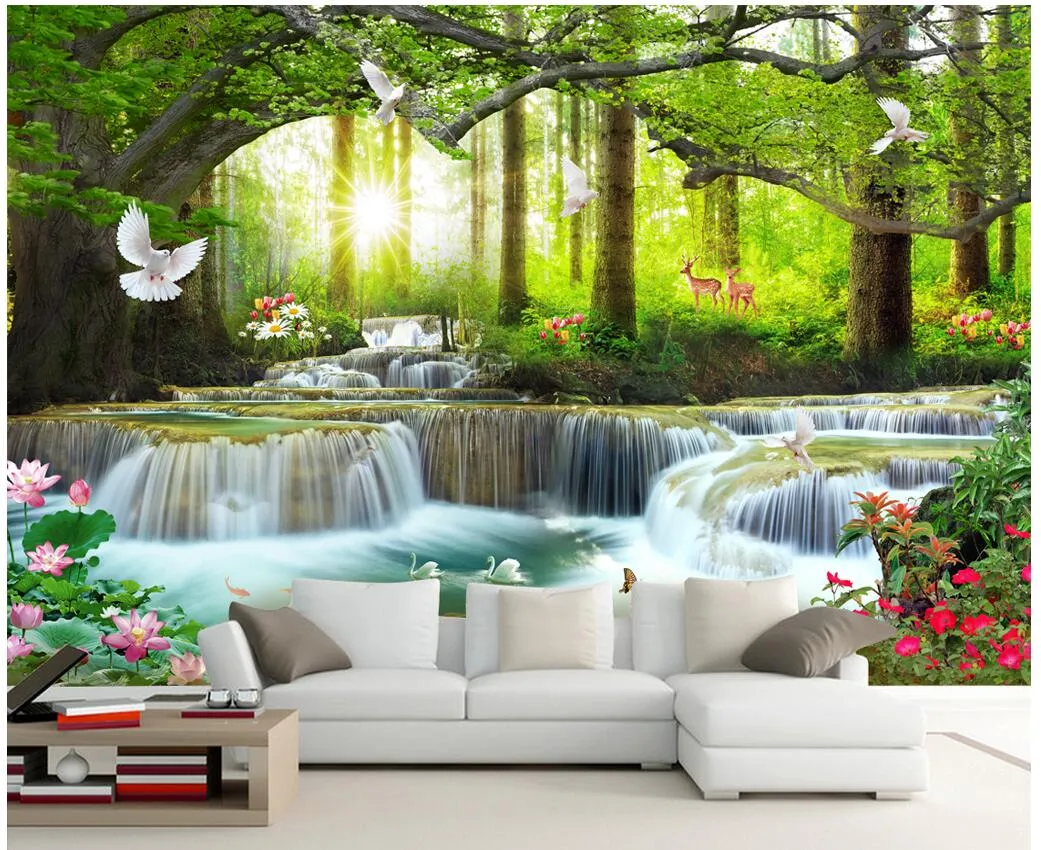 3D Wall Murals: Scenic Forest Waterfall Wallpaper Custom Large Wall ...