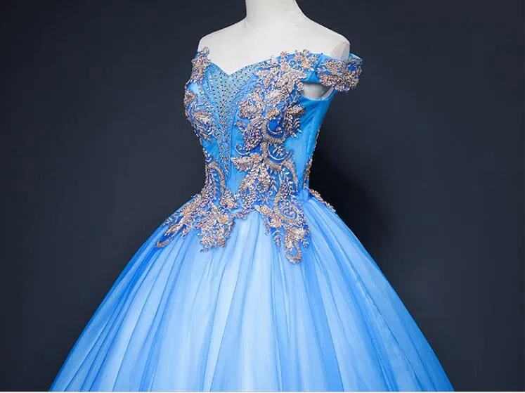 100%real Blue Rococo Beading Queen Fairy Cosplay Ball Gown Royal ...