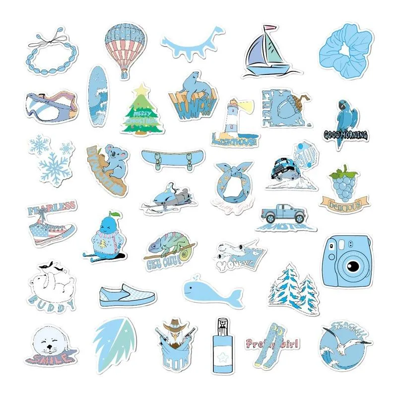 = Blue Small Fresh Vsco Sticker Personalized Doodle Suitcase Waterproof ...