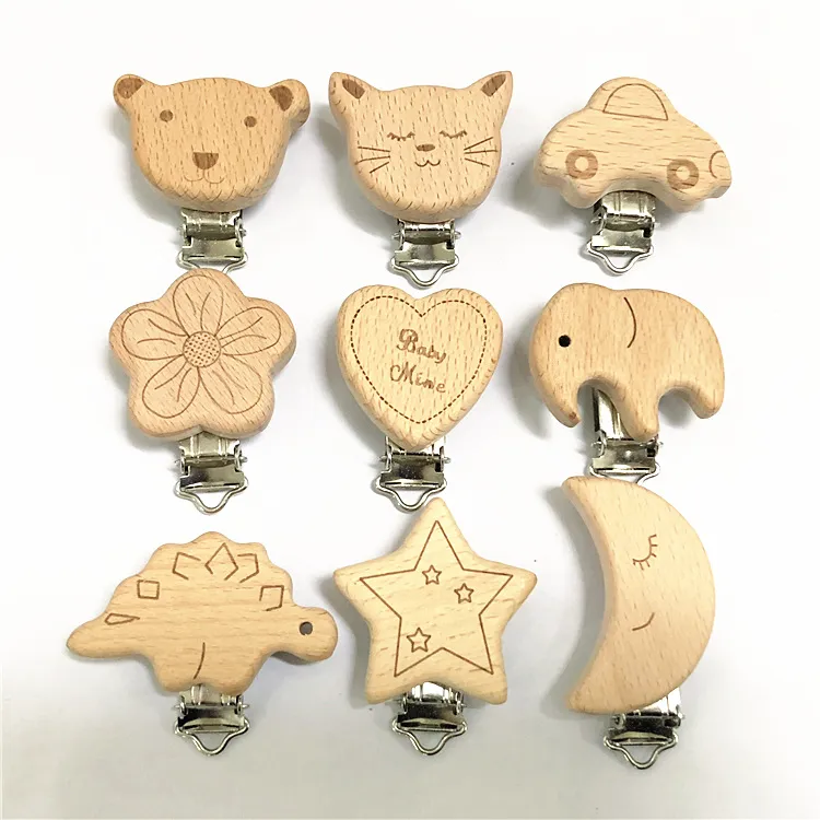 Cartoon Animal Engraved Wooden Pacifier Clips, DIY Teething Toys, Beech ...