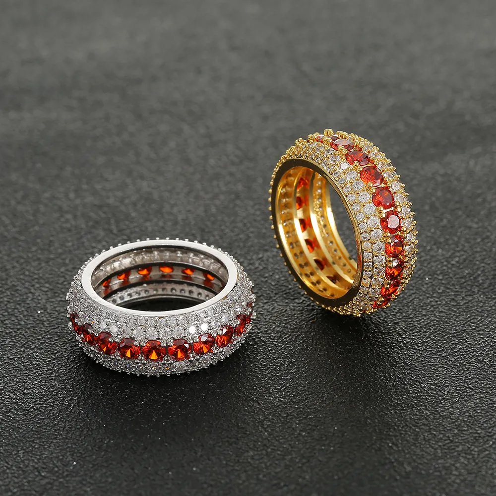 Mens Luxury Red Cubic Zircon Hip Hop Ring 3 5 Rows, Gold/Silver Size 7 ...