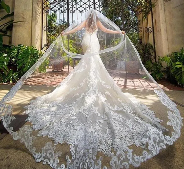 Custom Made 4M Wedding Veils With Lace Applique Edge Long Cathedral ...